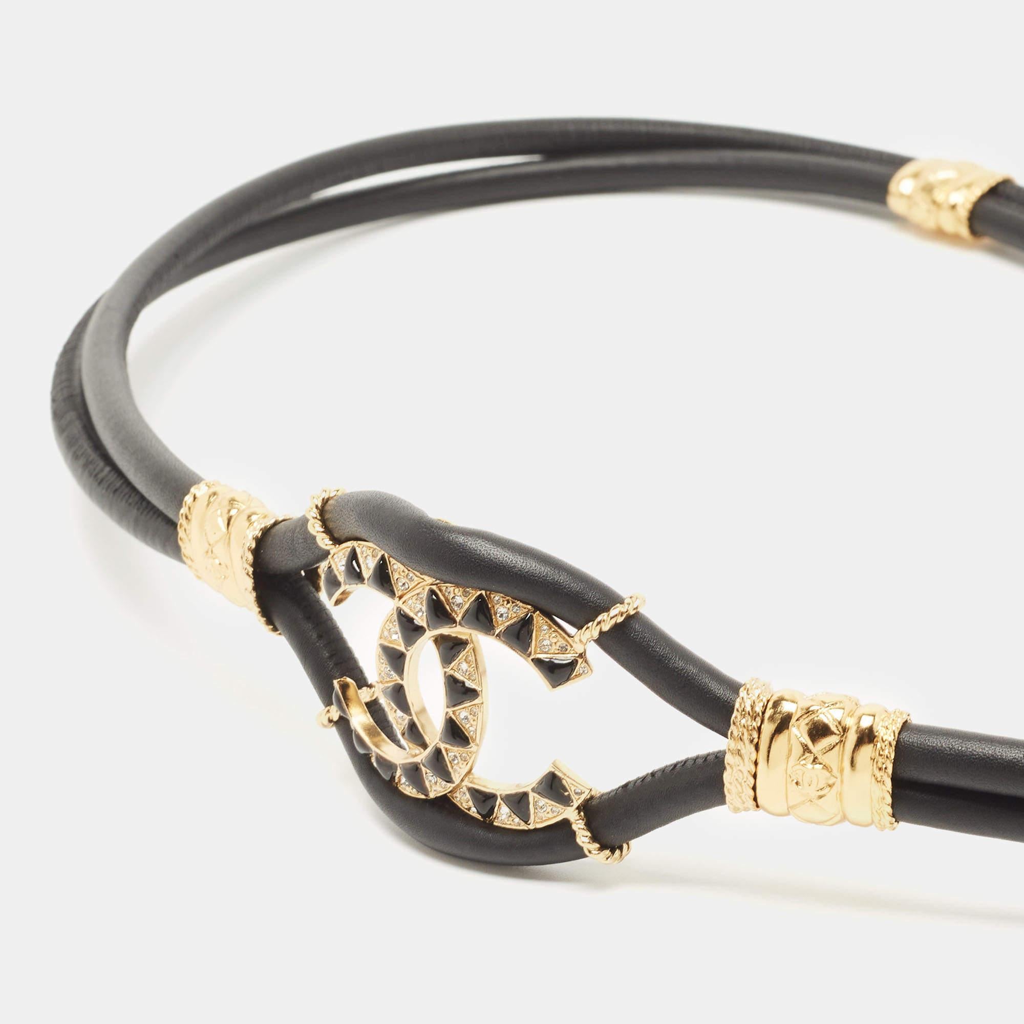 Chanel Black/Gold Leather CC Crystals Embellished Double Strap Waist ...