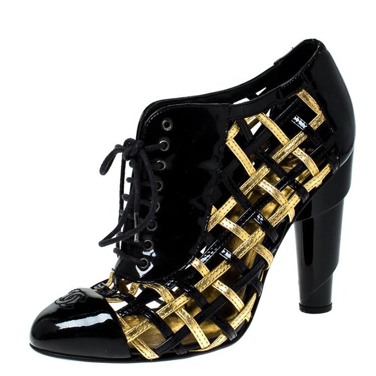 Chanel Black/Gold Patent Leather Cage CC Cap Toe Booties Size 37.5 For ...