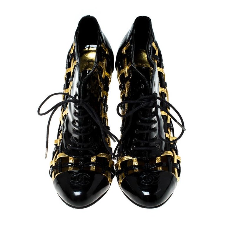 Chanel Black/Gold Patent Leather Cage CC Cap Toe Booties Size 37.5 For ...