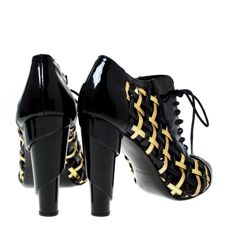 Chanel Black/Gold Patent Leather Cage CC Cap Toe Booties Size 37.5 For ...