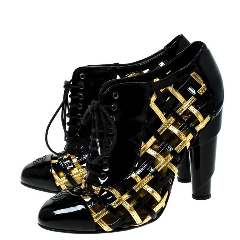 Chanel Black/Gold Patent Leather Cage CC Cap Toe Booties Size 37.5 For ...