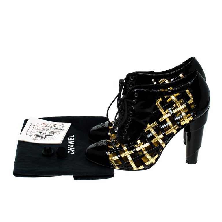Chanel Black/Gold Patent Leather Cage CC Cap Toe Booties Size 37.5 For ...