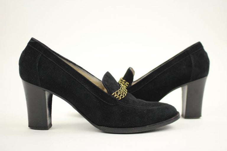 Chanel Black Gold Penny Loafer Chain Heels Ccsl03 Pumps For Sale at 1stDibs
