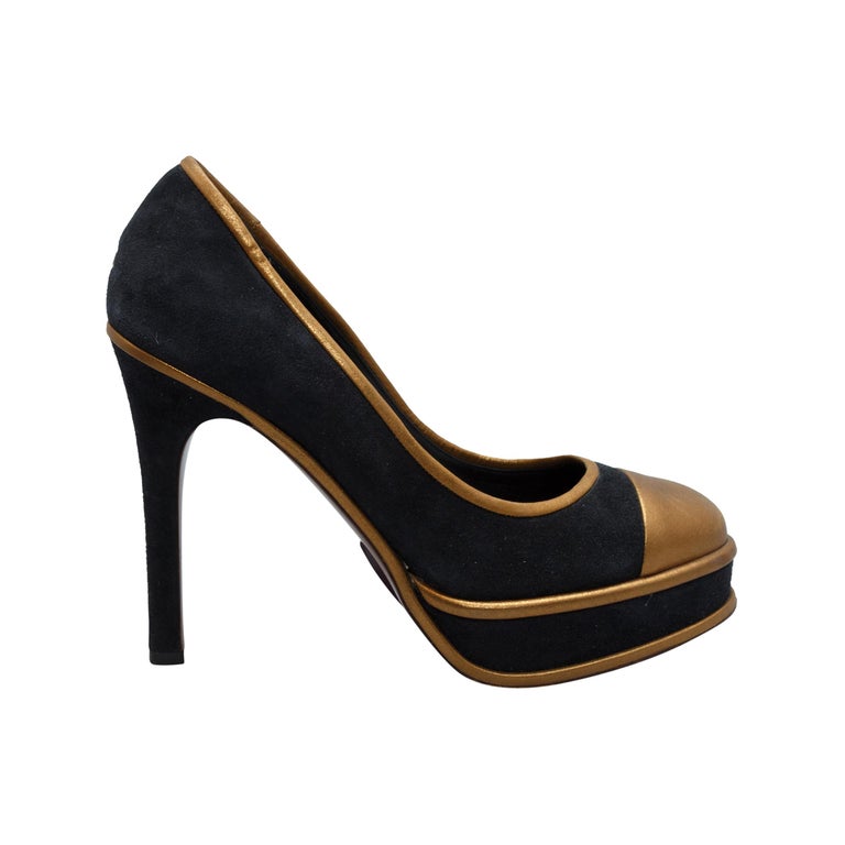 Chanel Black and Gold Suede Cap-Toe Pumps For Sale at 1stDibs