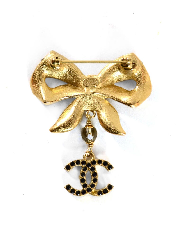 Chanel Black and Grey Crystal Bow Brooch Pink w/ Hanging CC For Sale at ...