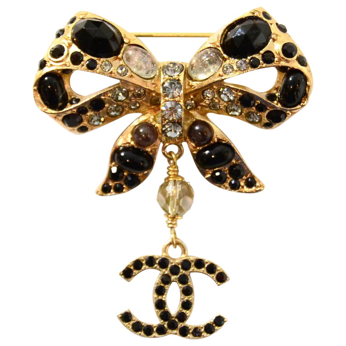 Chanel Black and Grey Crystal Bow Brooch Pink w/ Hanging CC For Sale at ...