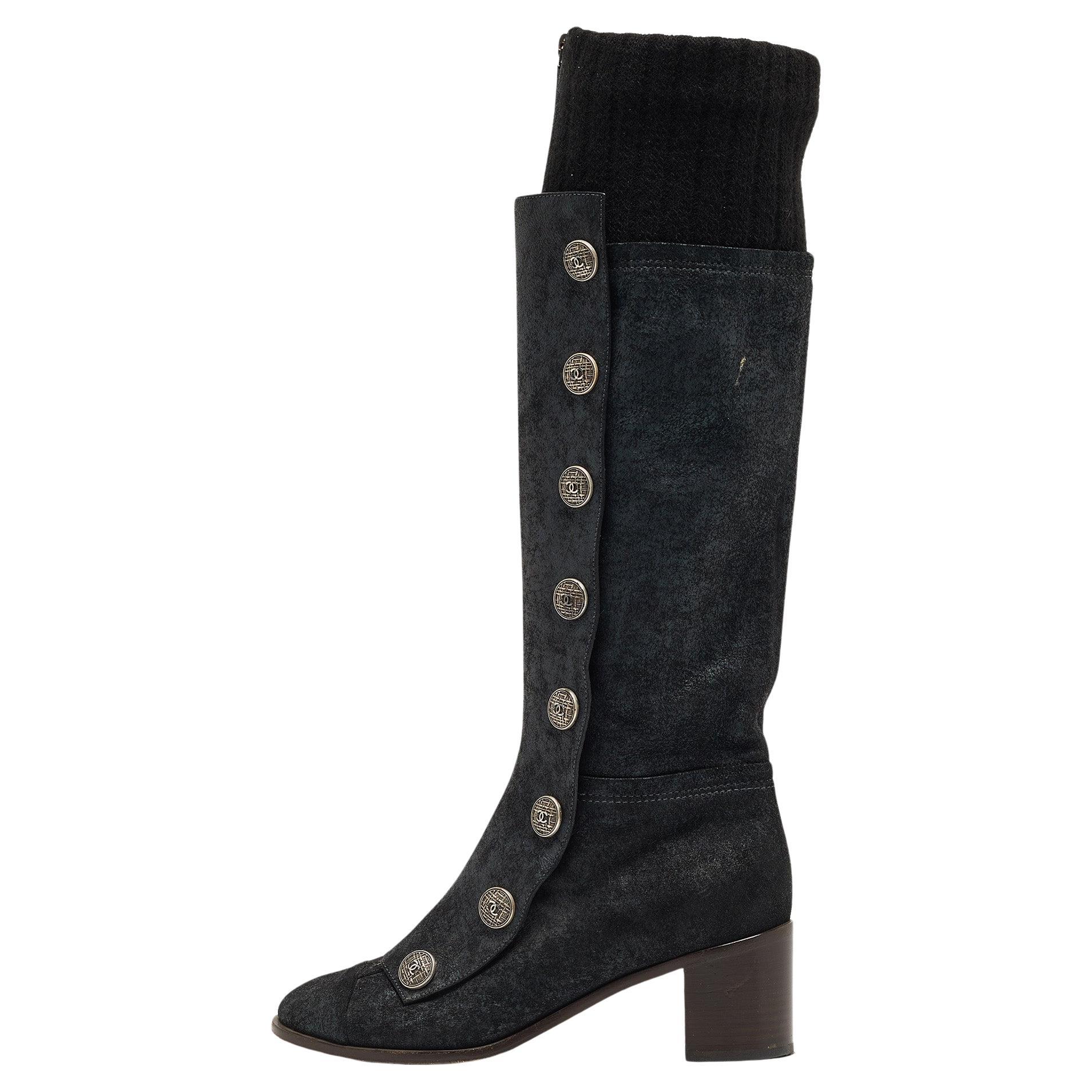 Chanel Black/Grey Nubuck and Fabric Button Knee Length Boots Size 37 ...