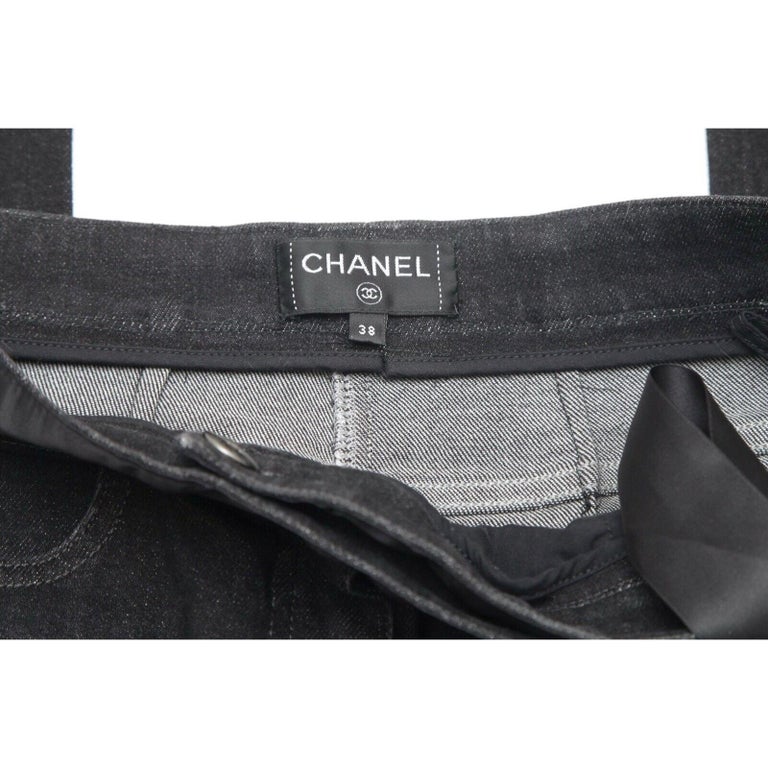 CHANEL Black Jeans Denim Straight Leg Mid-Rise Belt Rome Pockets Sz 38 For Sale at 1stDibs