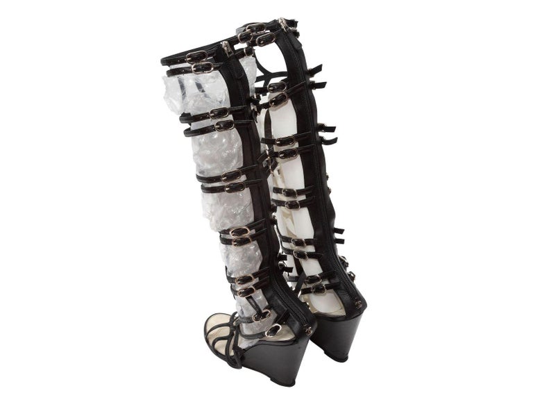 Chanel Black Knee-High Gladiator Wedge Sandals For Sale at 1stDibs