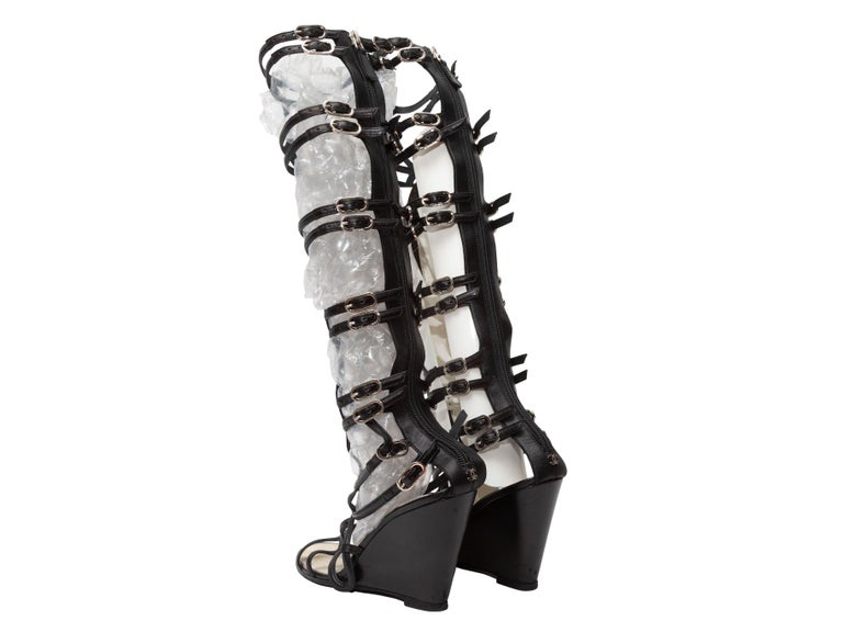 Chanel Black Knee-High Gladiator Wedge Sandals For Sale at 1stDibs