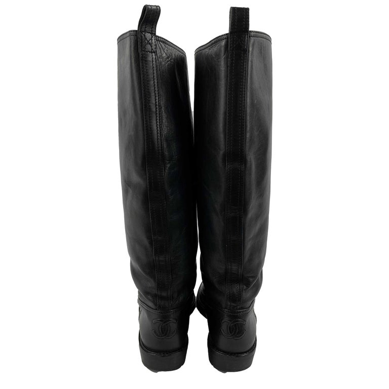 CHANEL Black Knee-High Leather Lace-Up Biker Boots FR 36 US 6 For Sale ...