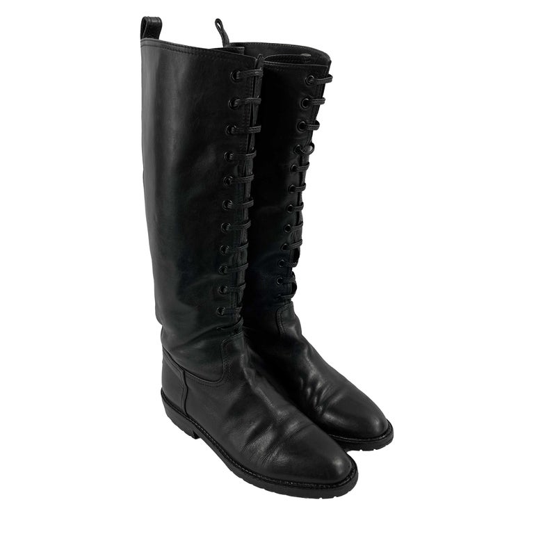 CHANEL Black Knee-High Leather Lace-Up Biker Boots FR 36 US 6 For Sale ...
