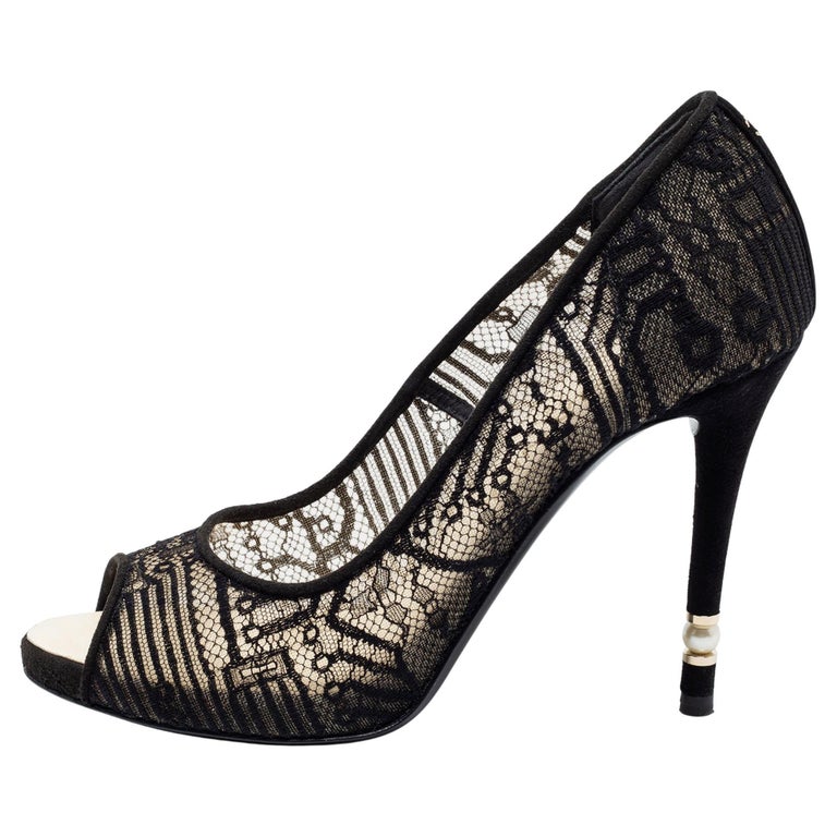 Chanel Black Lace And Mesh CC Peep Toe Pumps Size 36 For Sale at 1stDibs
