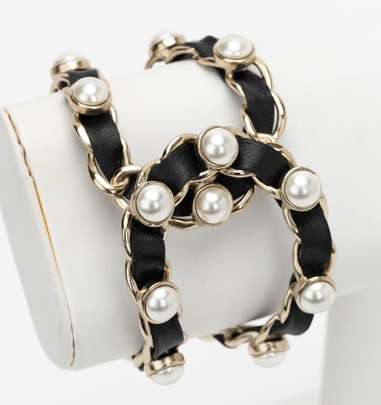 Chanel Black Lamb/Pearl Clamp Bracelet New For Sale at 1stDibs