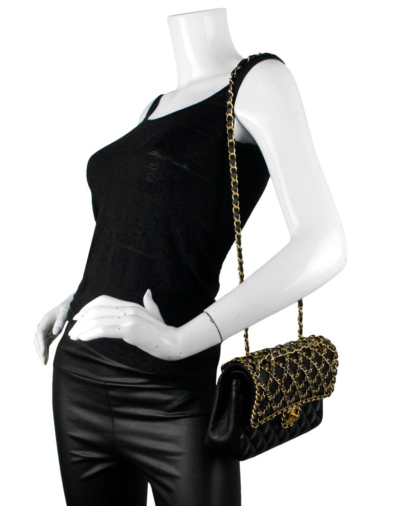 RARE Chanel Black Lambskin Leather Classic Cage Woven Chain Flap Bag ...