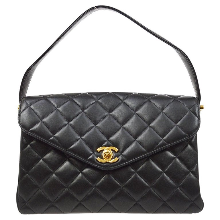 CHANEL Black Lambskin Leather Gold Medium Evening Top Handle Shoulder ...