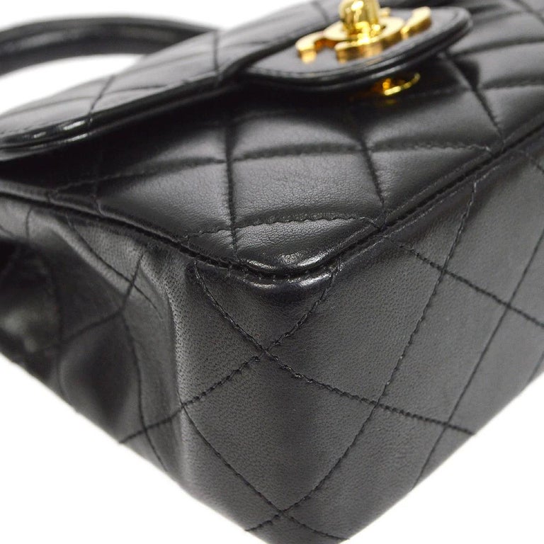 CHANEL Black Lambskin Leather Gold Small Micro Mini Kelly Top Handle ...