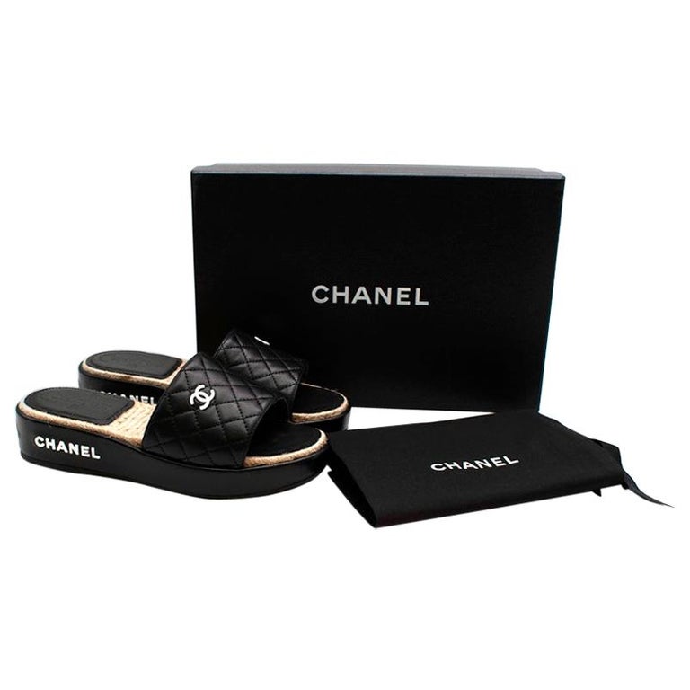 Chanel Black Lambskin Leather Quilted Platform CC Slides - Size EU 37 ...