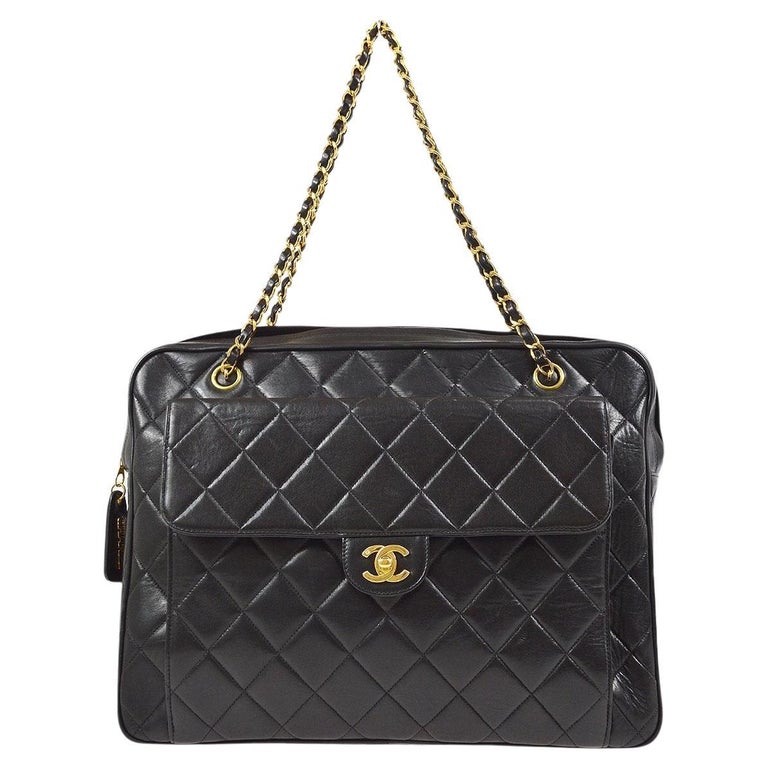 CHANEL Black Lambskin Quilted Leather 24K Gold Top Handle Shoulder Tote ...