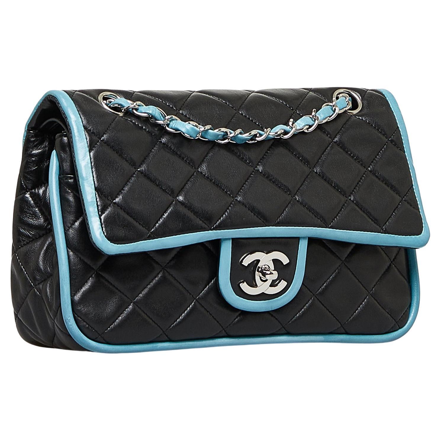 Chanel Black Lambskin Turquoise Piping Medium Double Classic Flap ...