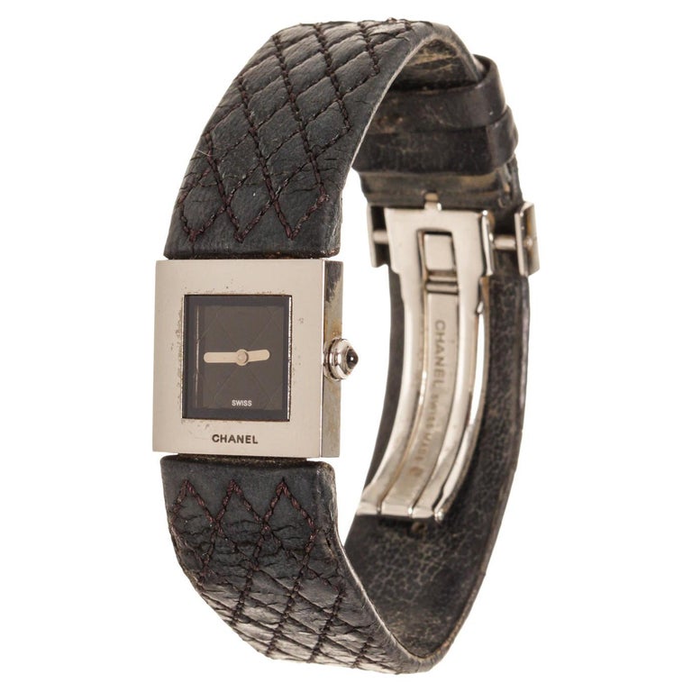 Chanel Black Leather Acier Quartz Watch at 1stDibs