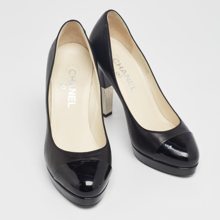 Chanel Black Leather And Patent Cap Toe Pumps Size 38 For Sale at 1stDibs