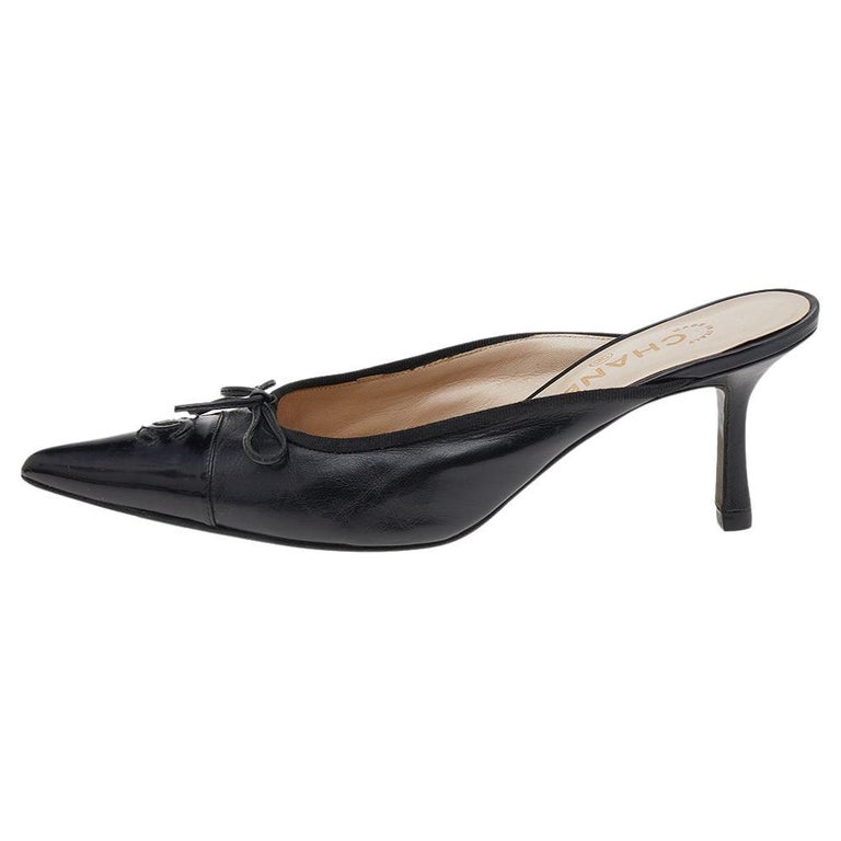 Chanel Black Leather And Patent Leather Pointed CC Cap Toe Mule Sandals ...