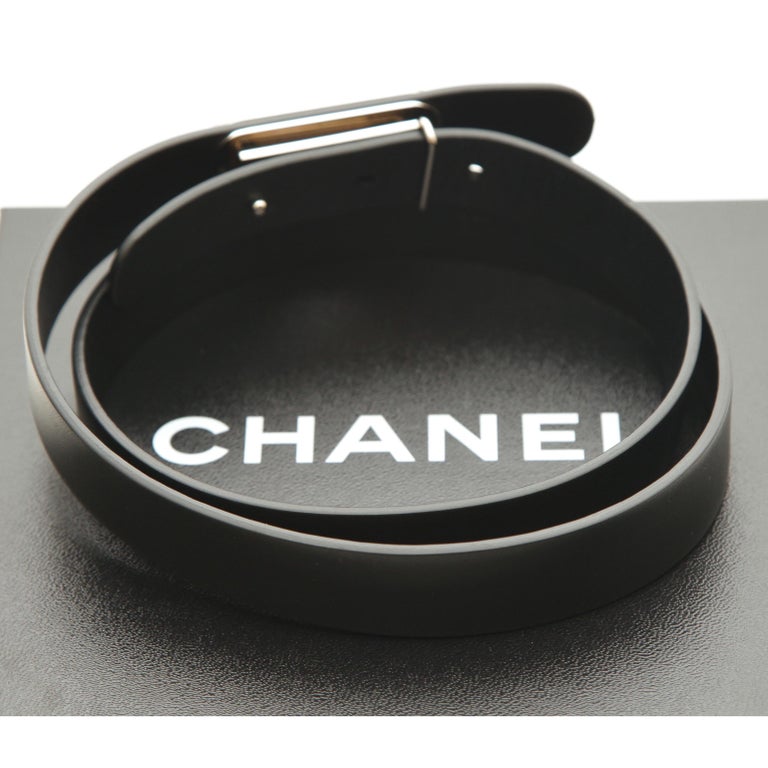 CHANEL Black Leather Belt CC Crystal Logo Buckle Silver HW Sz 80 2017 ...