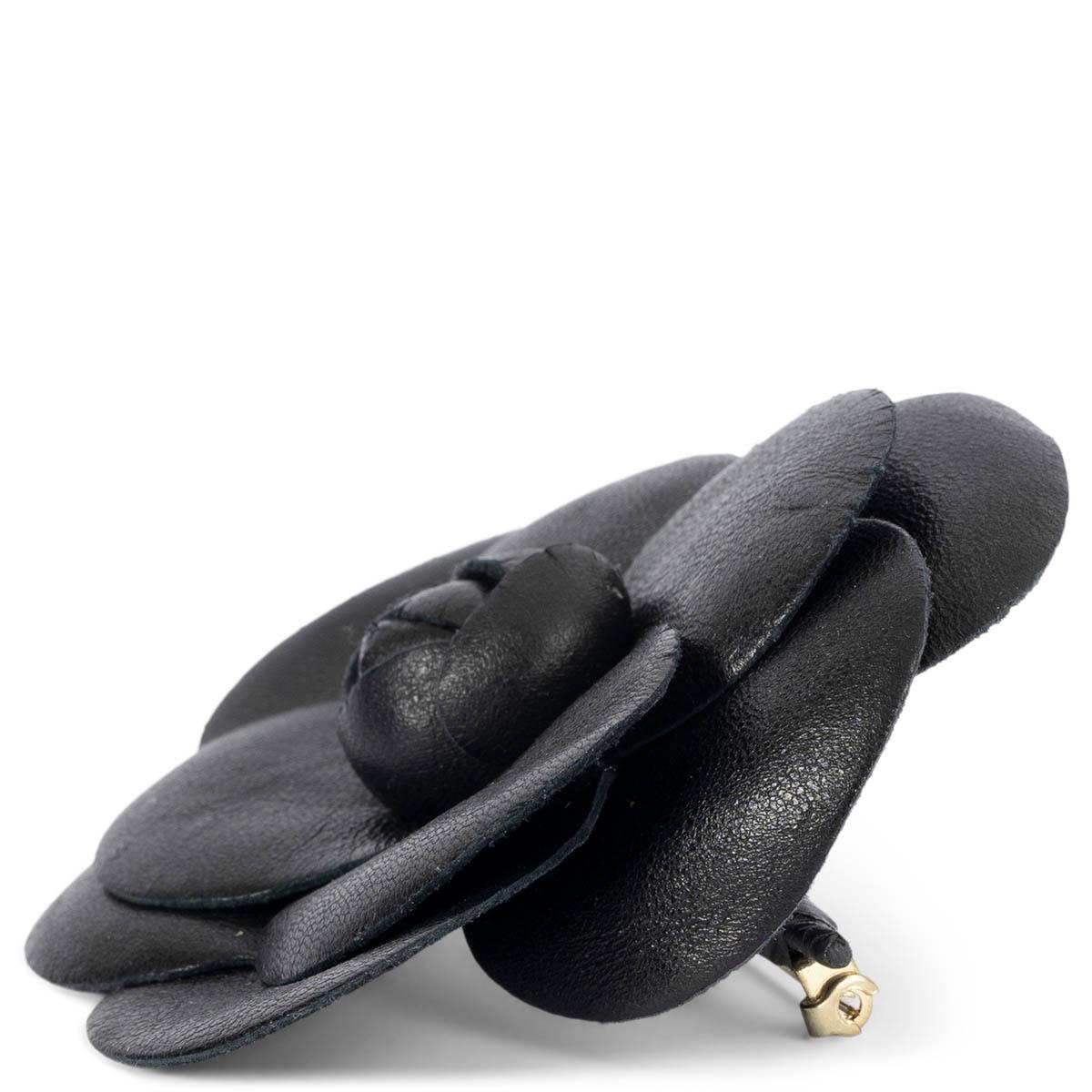 CHANEL black leather CAMELLIA Brooch For Sale at 1stDibs