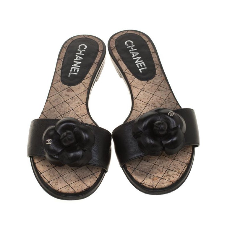 Chanel Black Leather Camellia Embellished CC Flat Slides Size 38 For ...