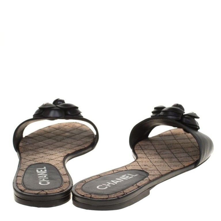 Chanel Black Leather Camellia Embellished CC Flat Slides Size 38 For ...