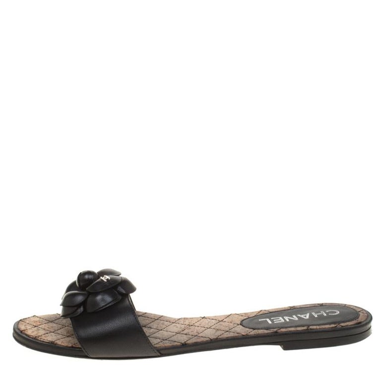 Chanel Black Leather Camellia Embellished CC Flat Slides Size 38 For ...