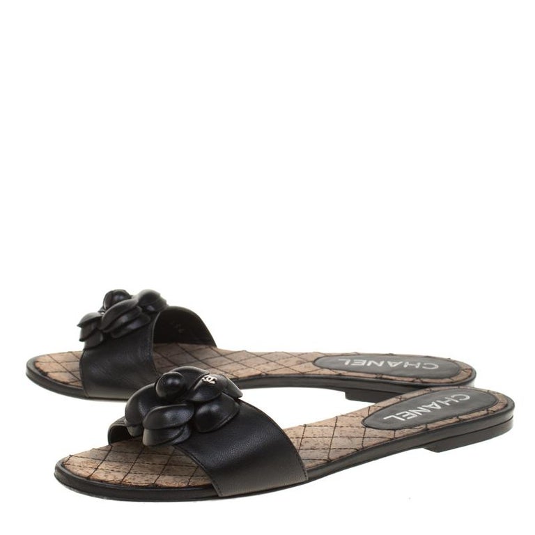 Chanel Black Leather Camellia Embellished CC Flat Slides Size 38 For ...