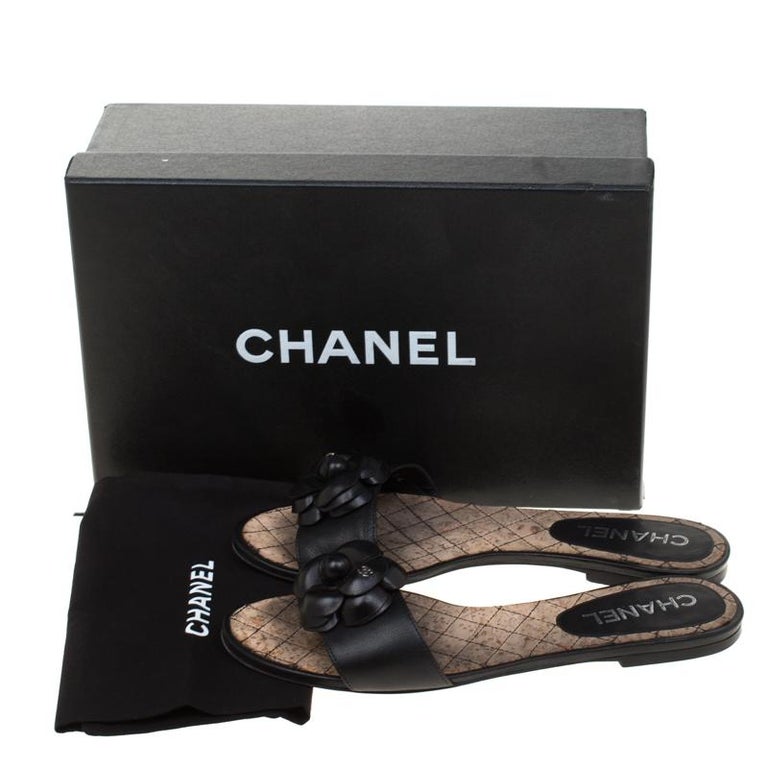 Chanel Black Leather Camellia Embellished CC Flat Slides Size 38 For ...