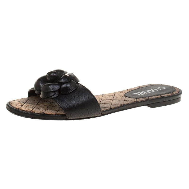 Chanel Black Leather Camellia Embellished CC Flat Slides Size 38 For ...