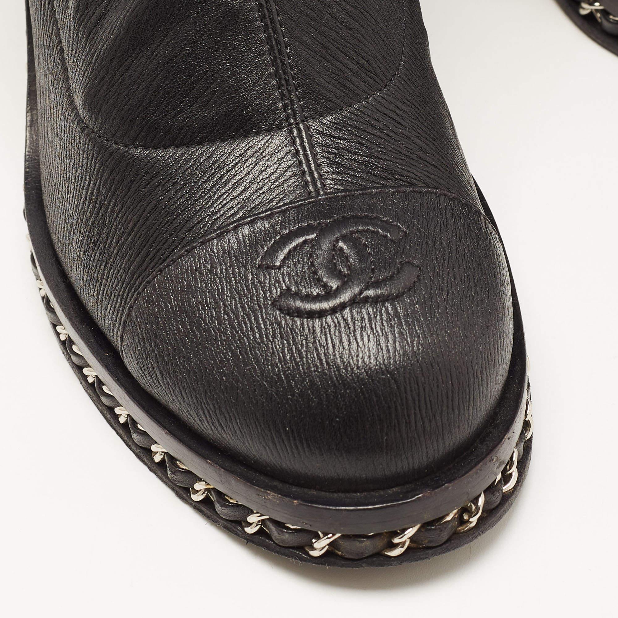Chanel Black Leather CC Cap Toe Chain Detail Knee Boots Size 38.5 For ...