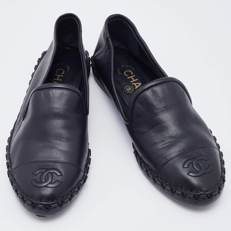 Chanel Black Leather CC Cap Toe Smoking Slippers Size 35 For Sale at ...