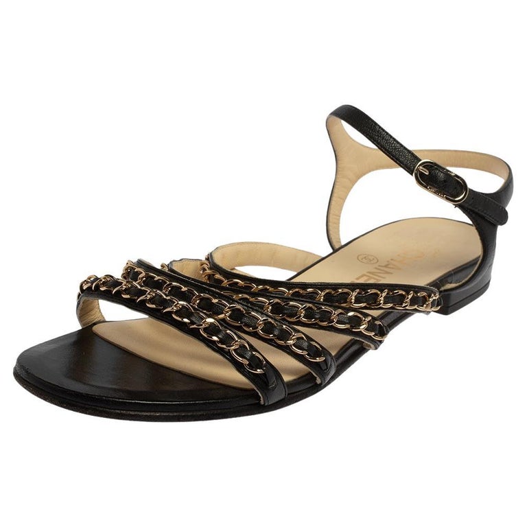 Chanel Black Leather CC Chain Link Strap Sandals Size 39.5 at 1stDibs