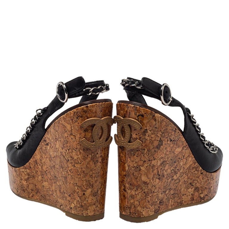 Chanel Black Leather CC Chain Link Wedge Sandals Size 35 at 1stDibs ...