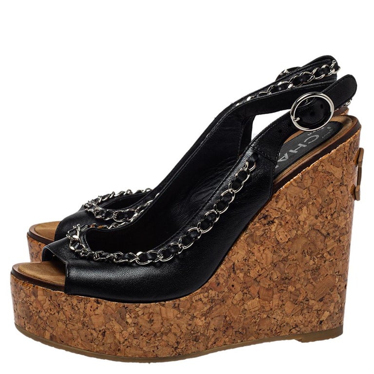 Chanel Black Leather CC Chain Link Wedge Sandals Size 35 at 1stDibs ...