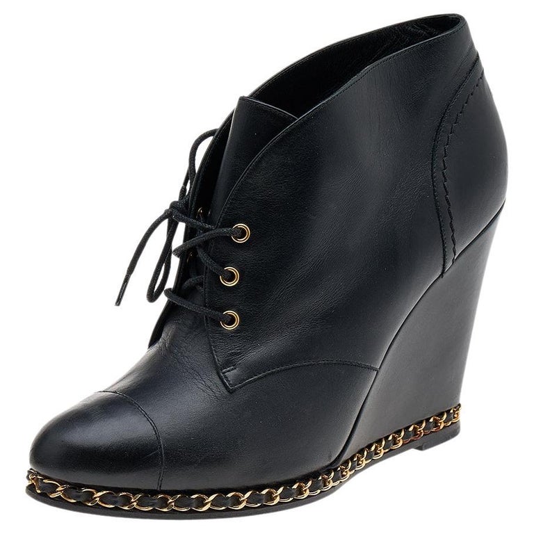 Chanel Black Leather CC Chain Wedge Ankle Length Boots Size 39.5 For ...