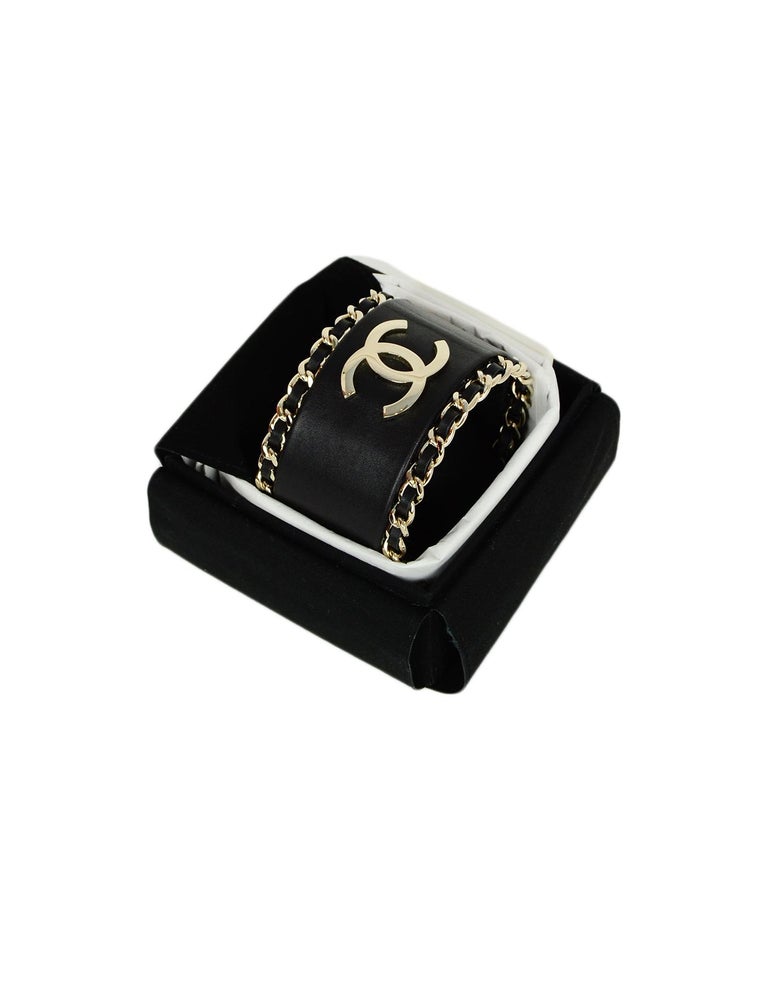 Chanel Black Leather CC Cuff Bracelet w/ Leather Laced Chain Trim For ...