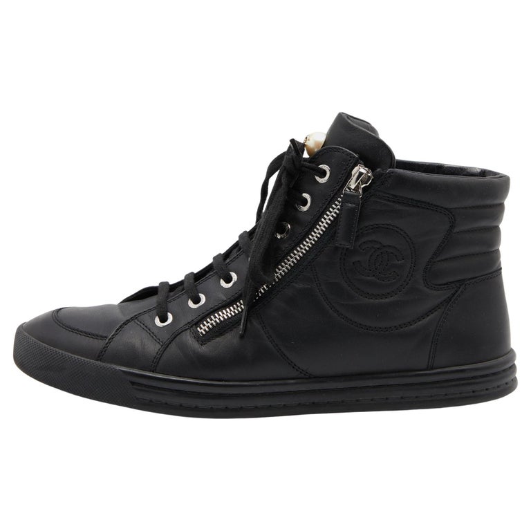 Chanel Black Leather CC Double Zip Accent High Top Sneakers Size 40 For ...