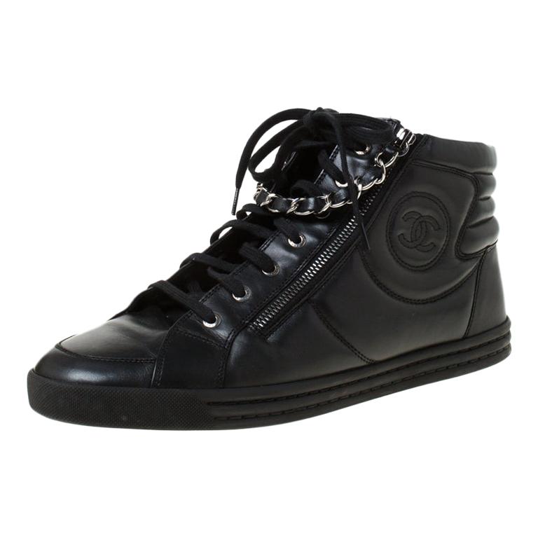 Chanel Black Leather CC Double Zip Accent High Top Sneakers Size 43 For ...