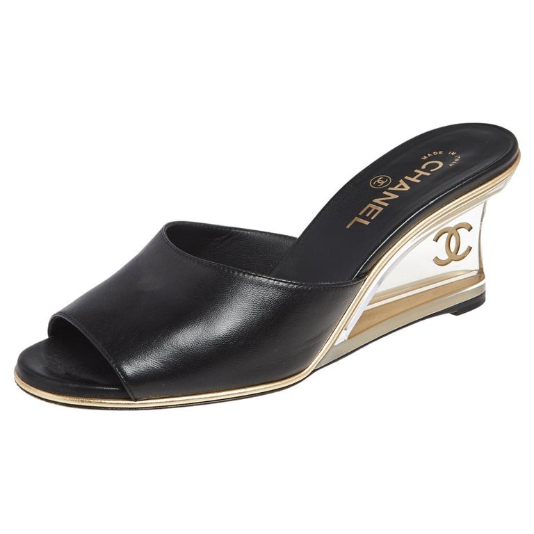 Chanel Black Leather CC Slide Wedge Sandals Size 39.5 at 1stDibs