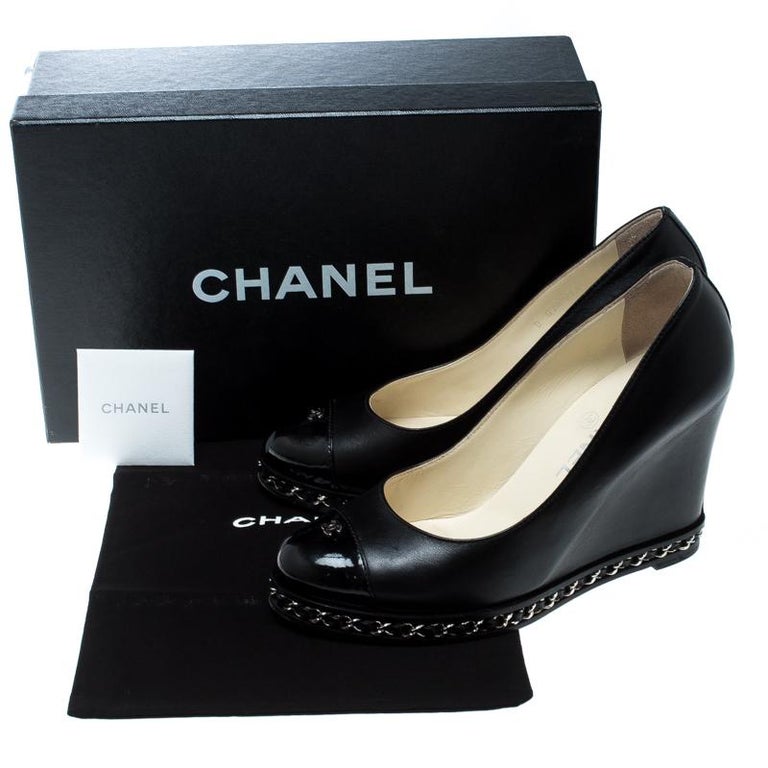 Chanel Black Leather Chain Cap Toe Wedge Pumps Size 37 For Sale at 1stDibs