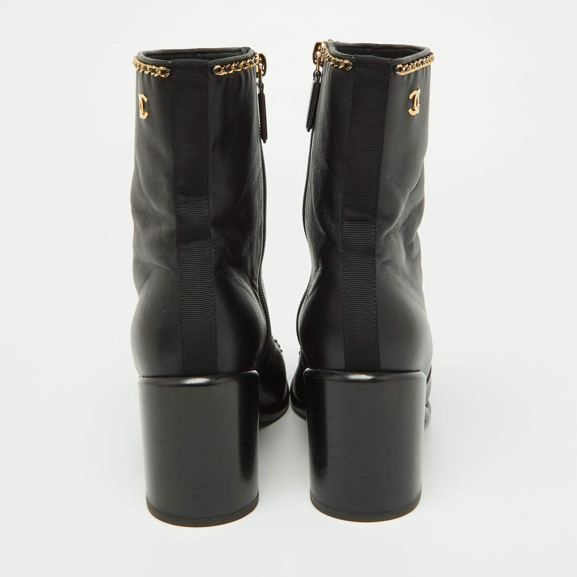 Chanel Black Leather Chain Detail Ankle Boots Size 36.5 For Sale at 1stDibs