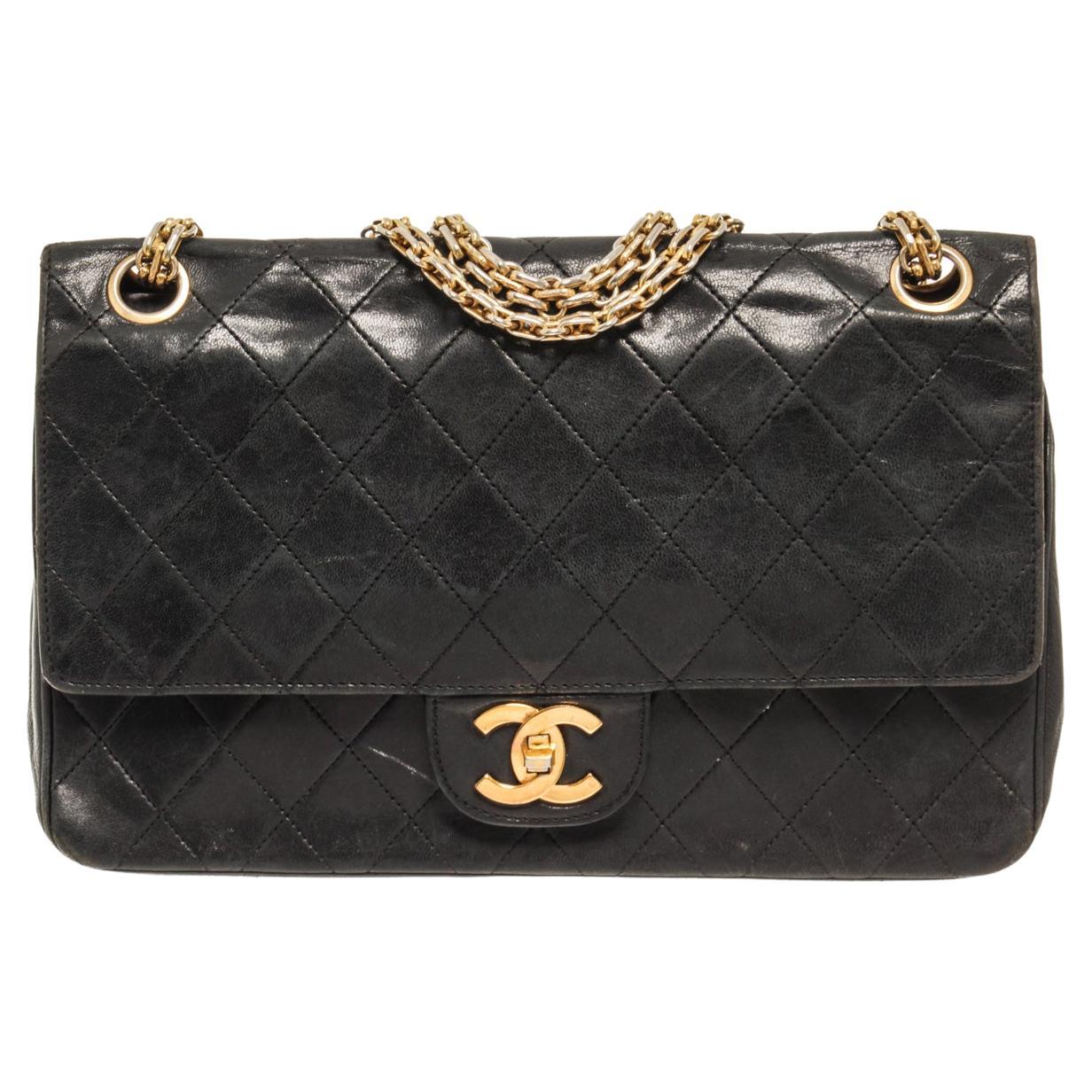 Chanel Black Leather Chain Double Flap Shoulder Bag at 1stDibs