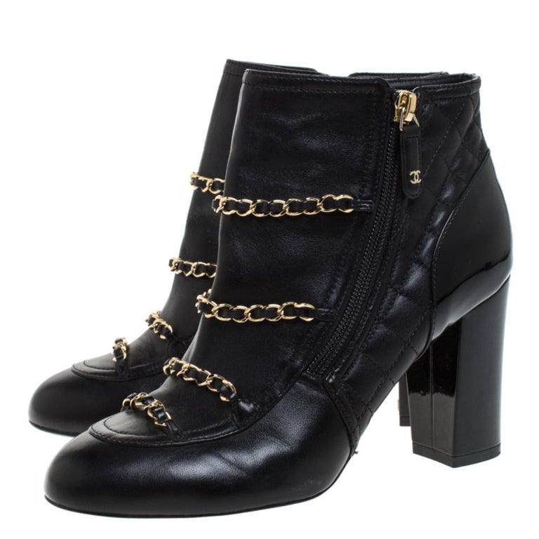 Chanel Black Leather Chain Embellished Ankle Booties Size 37.5 For Sale ...