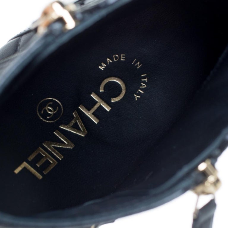 Chanel Black Leather Chain Embellished Ankle Booties Size 37.5 For Sale ...